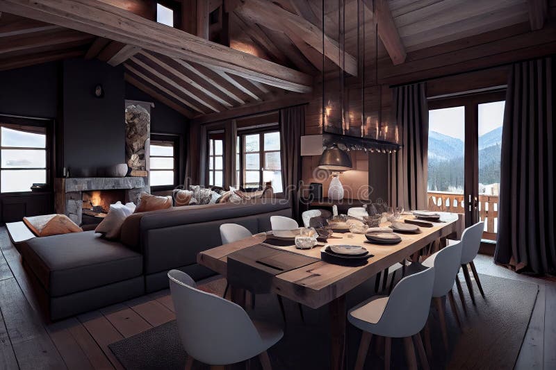Living Room with Soft Sofas and Big Dining Table on Chalet Stock ...