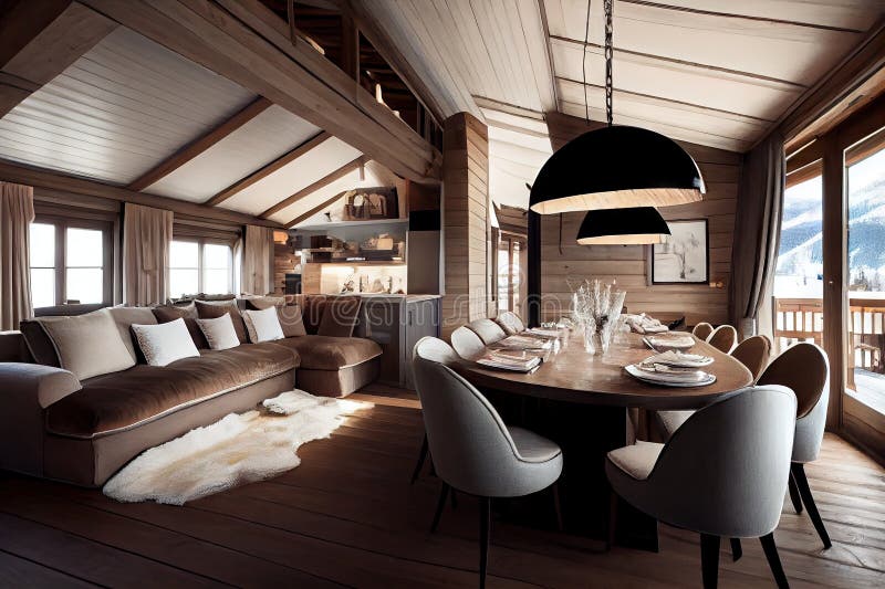 Living Room with Soft Sofas and Big Dining Table on Chalet Stock ...