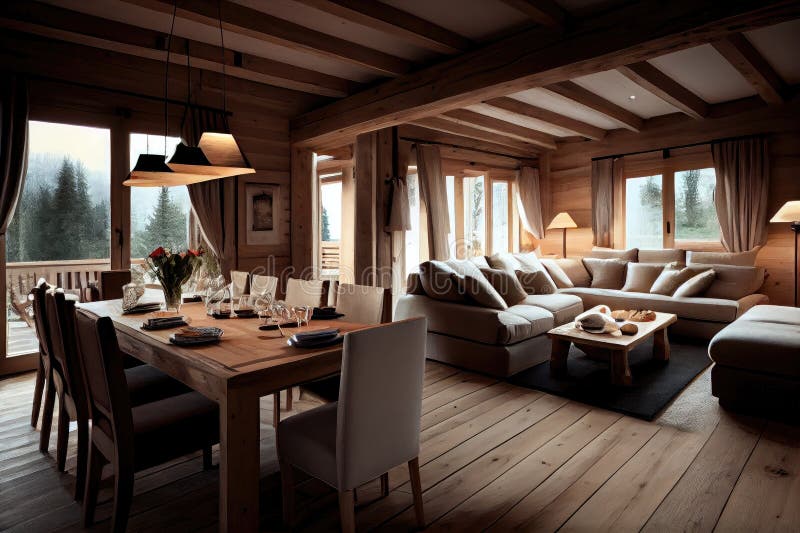 Living Room with Soft Sofas and Big Dining Table on Chalet Stock ...