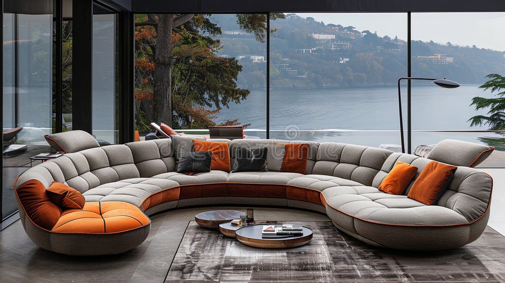 Living Room with Soft Sofas and Puffs in Beige Colo Stock Image - Image ...