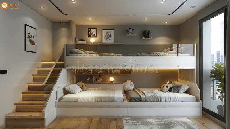 Living Room with Staircase and Bed Stock Image - Image of interior ...