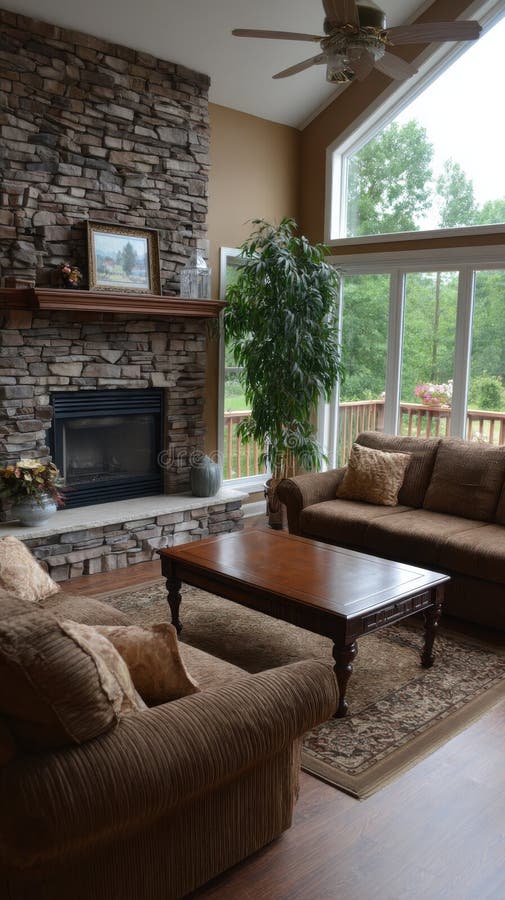 Living Room with Stone Fireplace, Brown Sofas and Large Windows ...