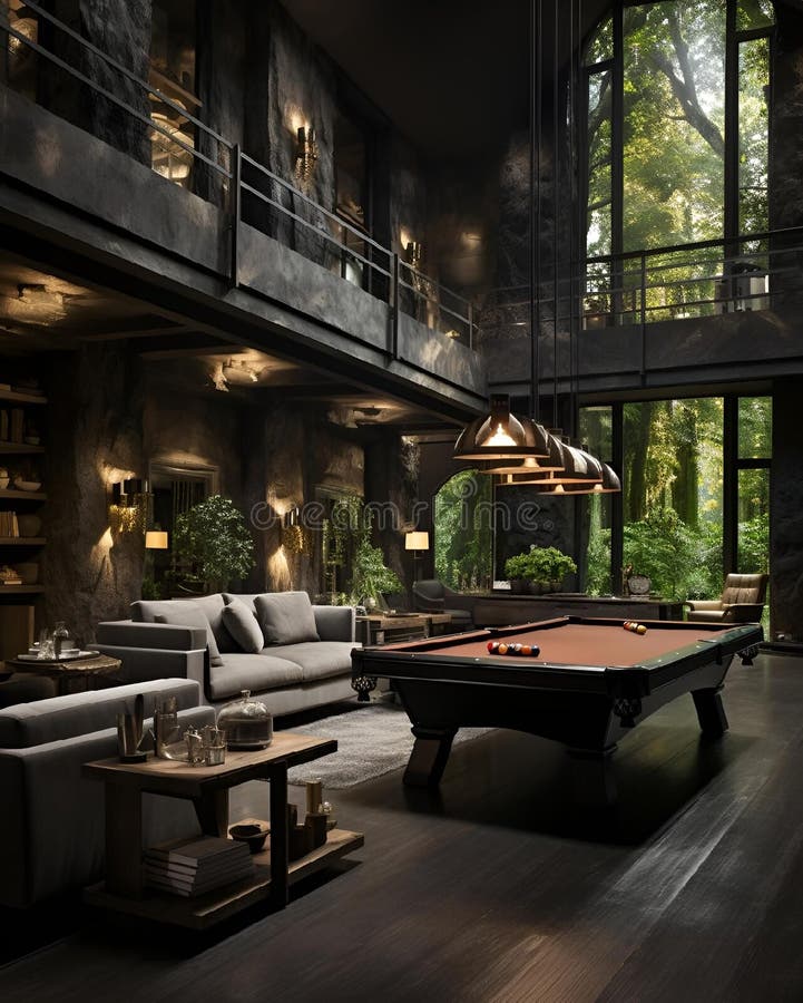 A Living Room that is Very Large and Features a Pool Table Stock ...