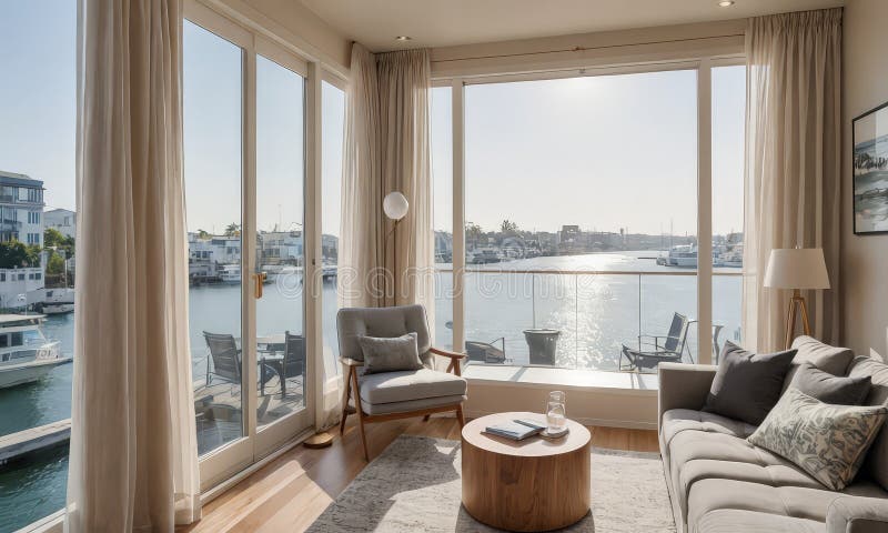 Living Room with View Harbor Stock Illustration - Illustration of ...