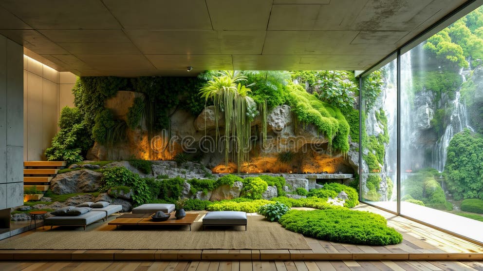 A Living Room with a Waterfall in the Middle of it Stock Image - Image ...
