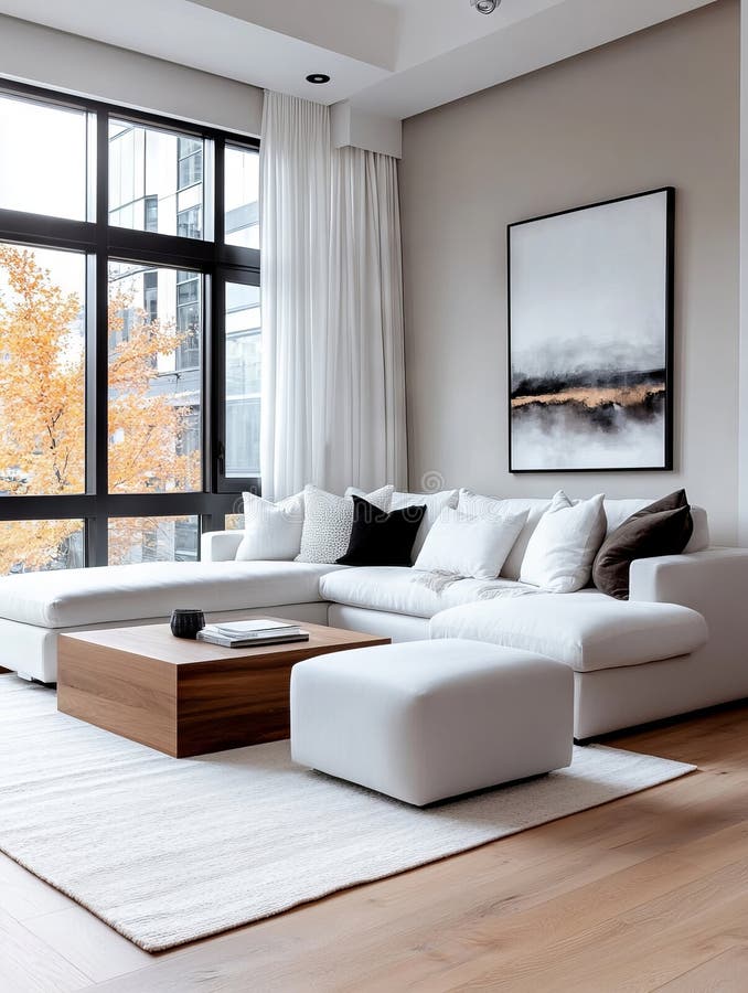A Living Room with a White Couch and a Coffee Table Stock Photo - Image ...