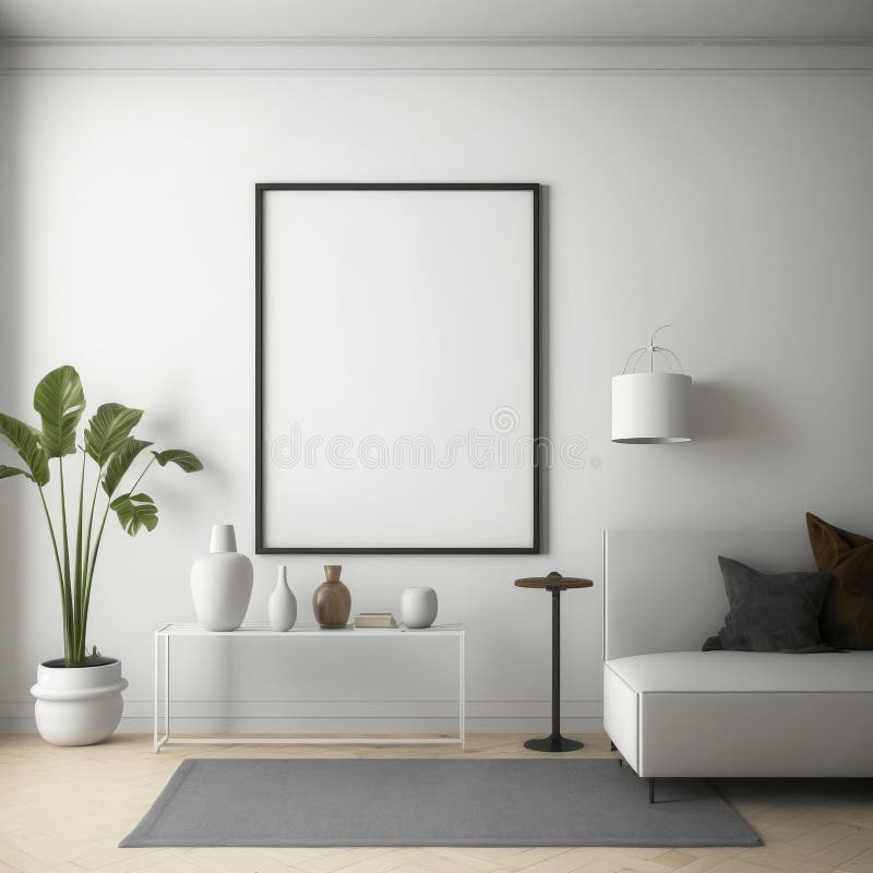 Living Room with White Couch and Large Picture Frame. Generative AI ...