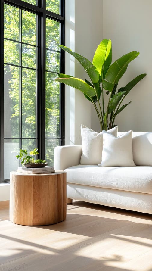 A Living Room with a White Couch and a Plant in a Pot Stock Image ...
