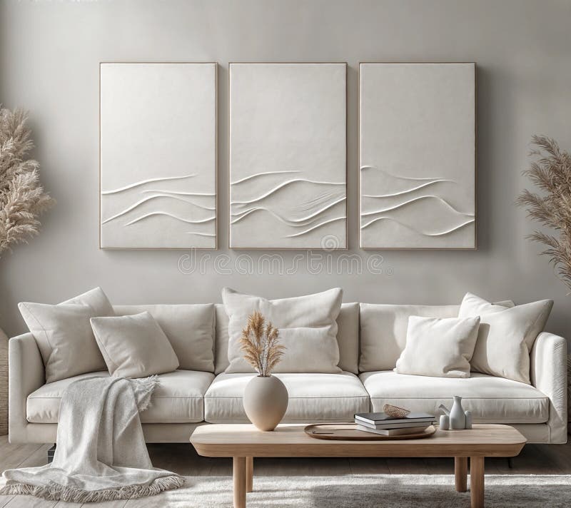 Living Room with White Couch and Three Abstract Paintings on the Wall ...