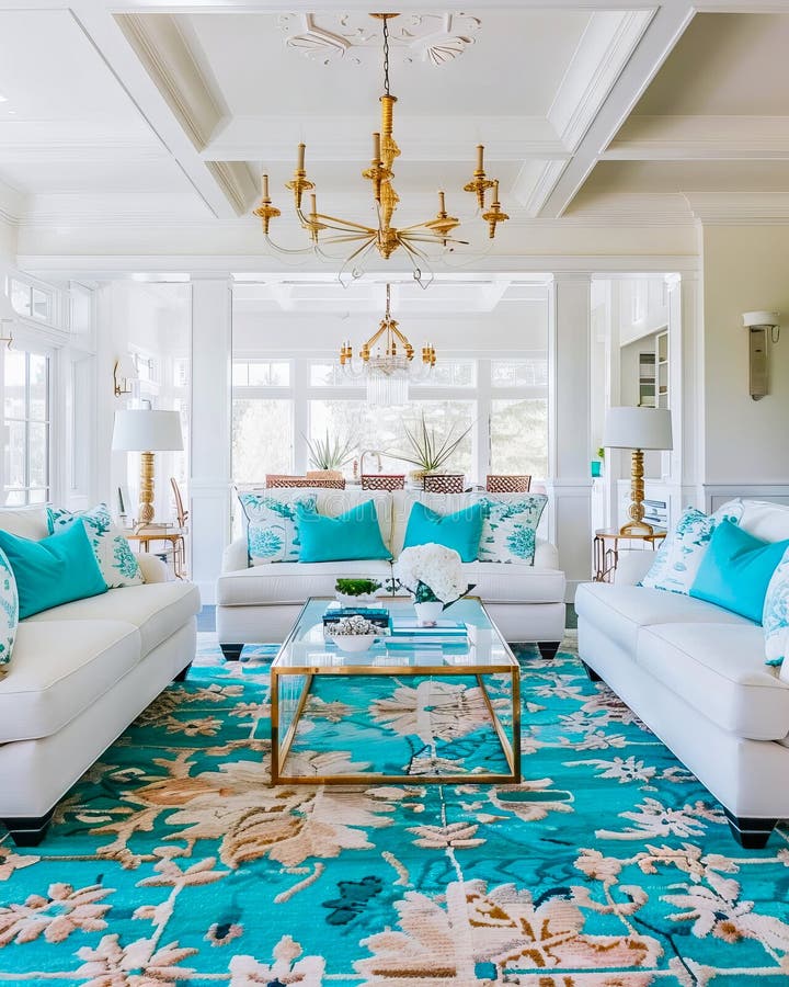 A Living Room with White Couches and Turquoise Accents Stock ...