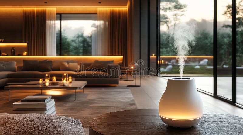A Living Room with a White Diffuser on a Table Stock Image - Image of ...