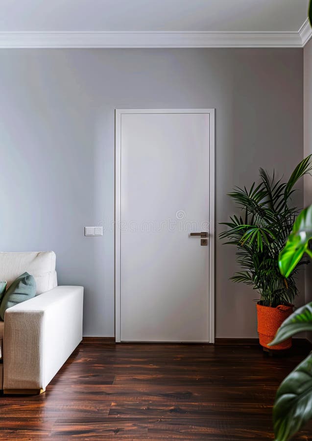 A Living Room with a White Door and a White Couch Stock Photo - Image ...