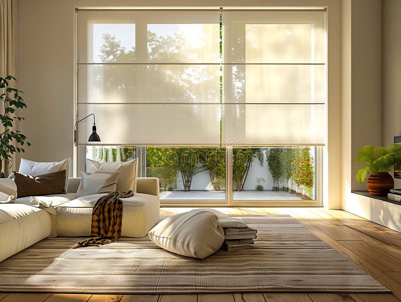 A Living Room with White Furniture and Large Windows Stock Photo ...
