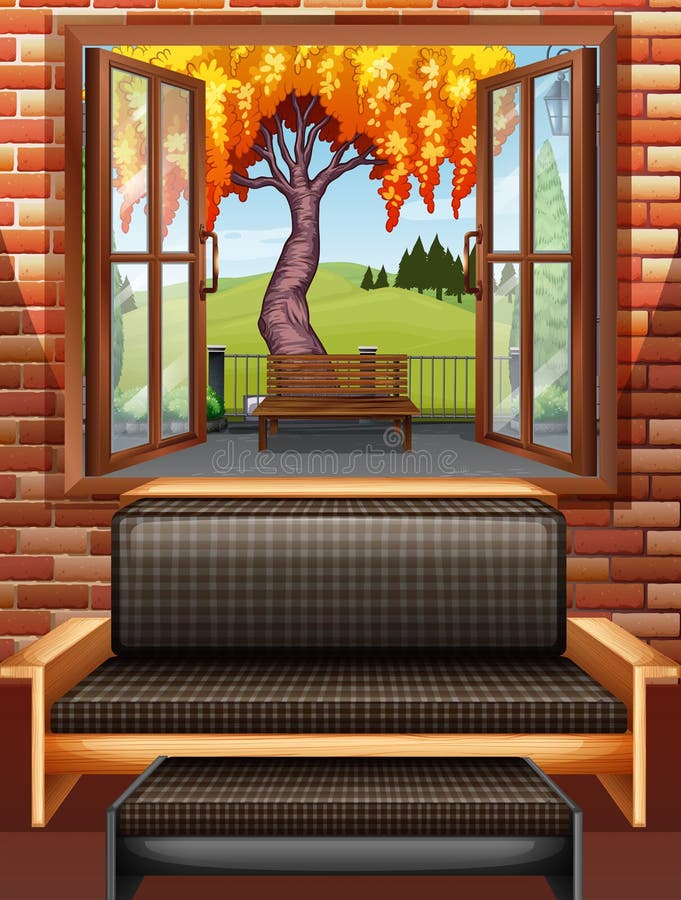 Living Room with Window Open Stock Illustration - Illustration of park ...