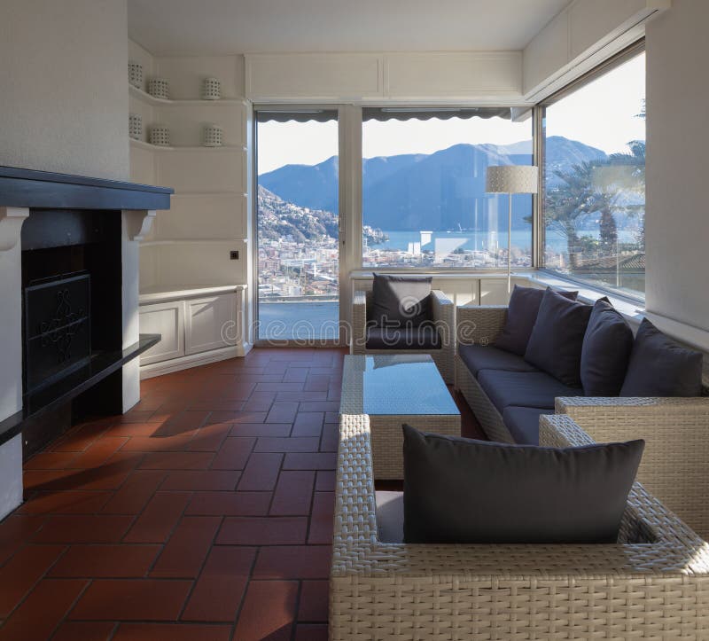 Living Room with Window Overlooking the Lake Stock Image - Image of ...