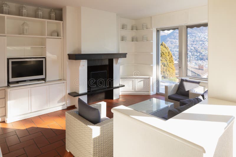 Living Room with Window Overlooking the Lake Stock Image - Image of ...