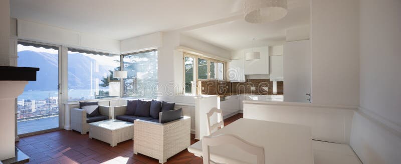 Living Room with Window Overlooking the Lake Stock Photo - Image of ...