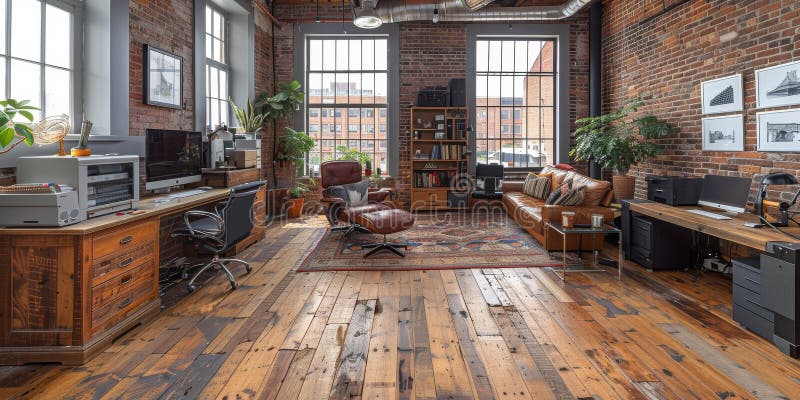 Living Room with Wooden Floor and Brick Wall for a Cozy Feel Stock ...