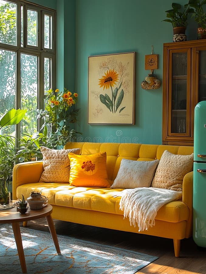 A Living Room with a Yellow Couch and a Blue Refrigerator Stock Image ...
