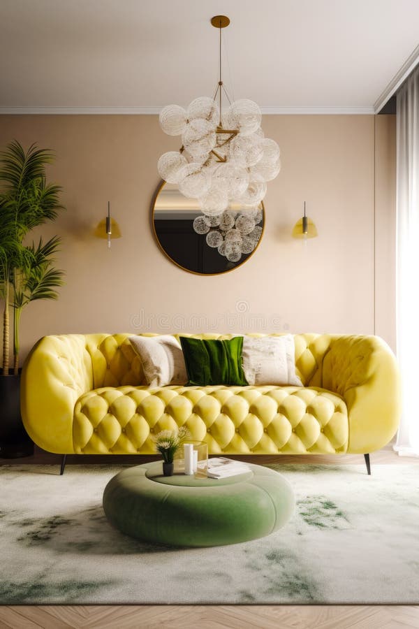Living Room with Yellow Couch and Round Mirror on the Wall. Generative ...