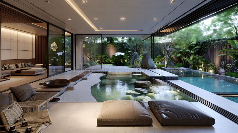 Living Room with Zen Garden and Pool Stock Illustration - Illustration ...