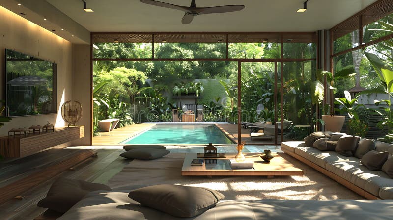 Living Room with Zen Garden and Pool Stock Illustration - Illustration ...