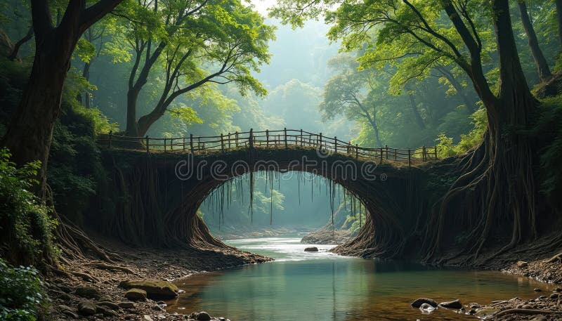 Living Root Bridge Spanning Tranquil River in Rich Green Forest ...