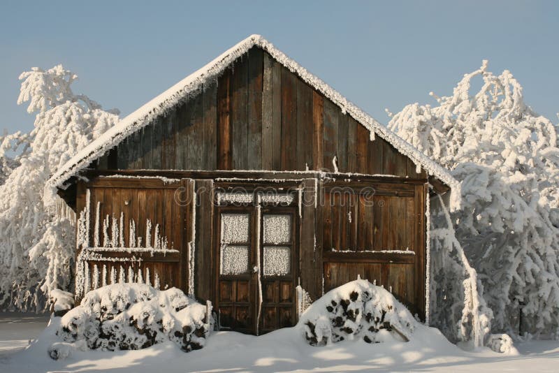 Snow Bound Wooden Shack in a Wooded Setting Stock Image - Image of ...