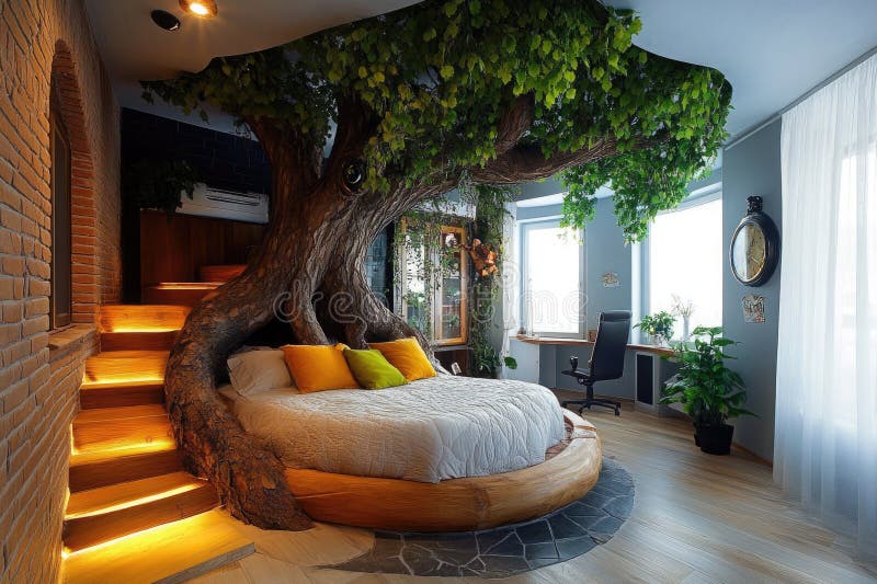 A Living Treehouse Bedroom with a Real Indoor Tree Growing through the ...