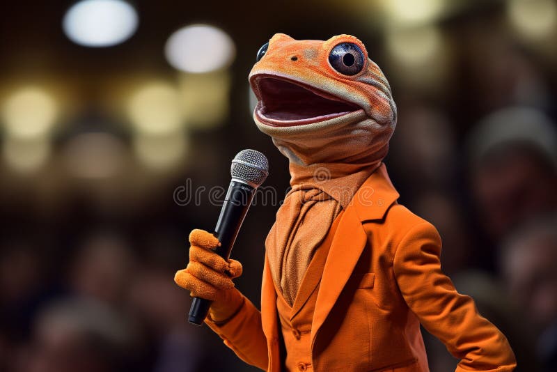 Lizard Anthropomorphic in Orange Colour Suit Holding Microphone on ...