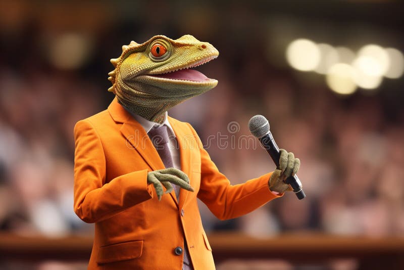 Lizard Anthropomorphic in Orange Colour Suit Holding Microphone on ...
