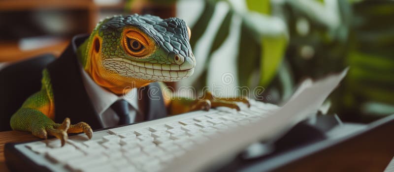 Lizard in Business Suit Typing on Keyboard in Office Environment with ...