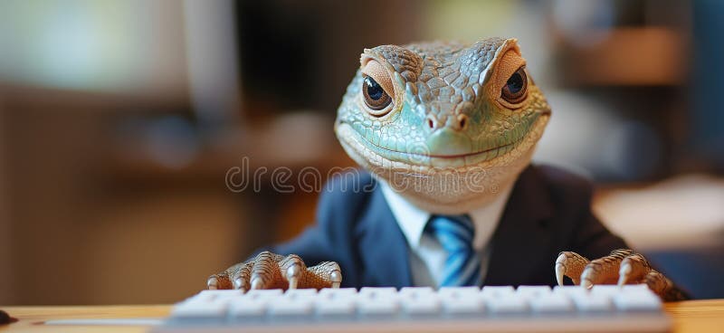 Lizard in Business Suit Working on Computer Keyboard in Office ...