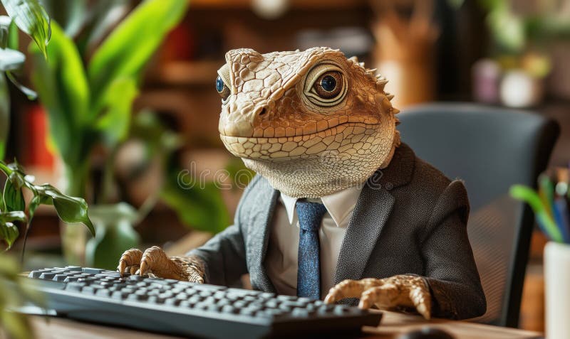 Lizard in Business Suit Working on Computer in Modern Office ...