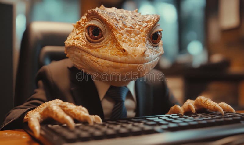 Lizard in Business Suit Working at Desk with Computer Keyboard Stock ...