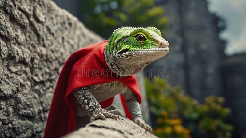 Lizard in a Cape Posing Heroically on a Wall Stock Illustration ...