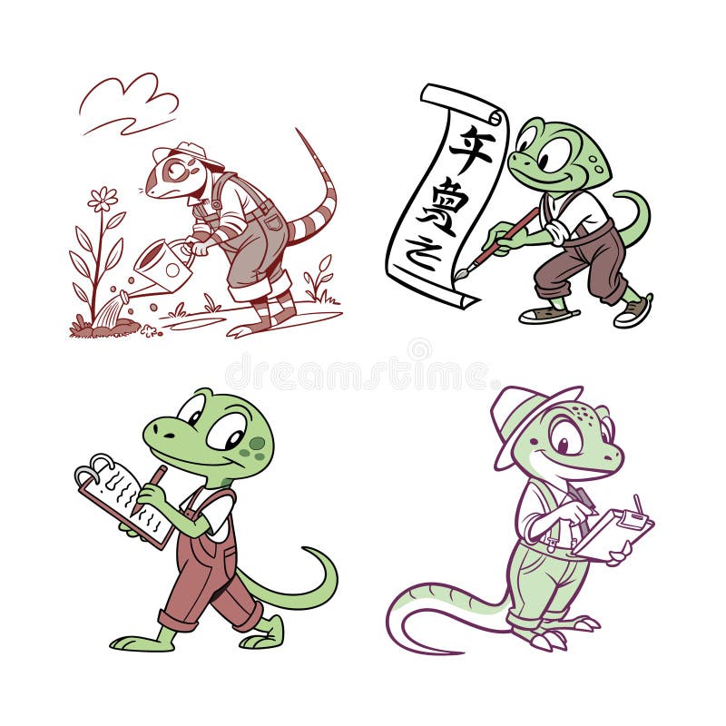 Lizard Cartoon Character in Various Poses Stock Vector - Illustration ...