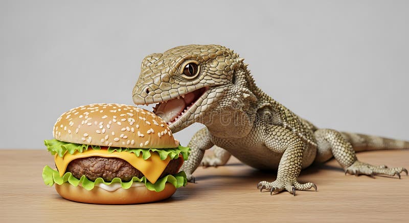 Lizard Eating Burger on Wooden Surface, Studio Shot Stock Illustration ...