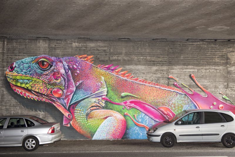 Lizard Graffiti, Colorful Lizard in All Rainbow Colors on Dirty Wall ...