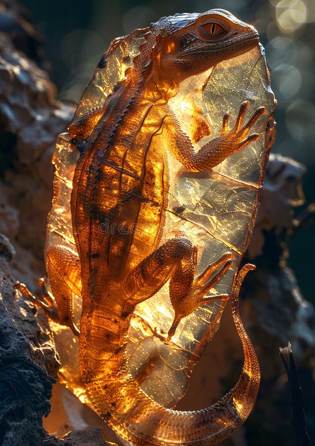 Lizard Immortalized in Glowing Amber with Sunlight Shining through in ...
