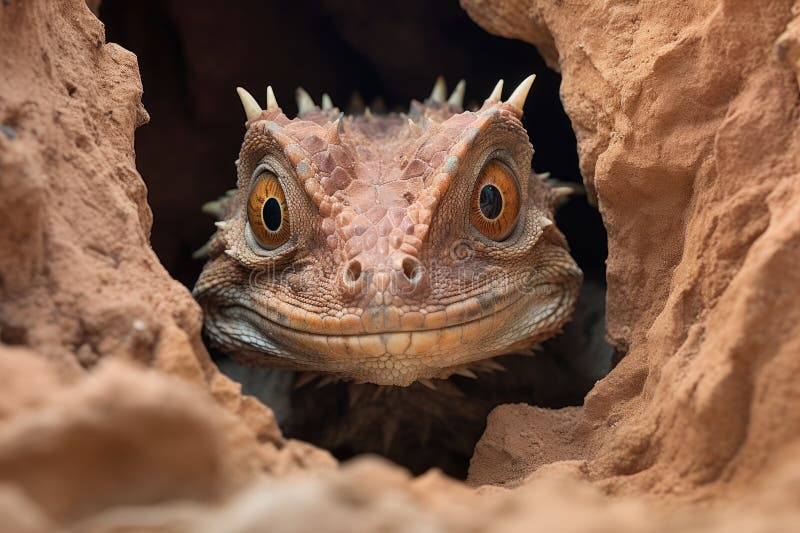 A Lizard Looking Out of a Hole in the Rock Stock Illustration ...