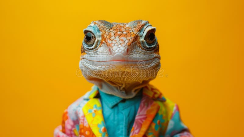 A Lizard with a Multicolored Costume on a Yellow Background. Funny ...