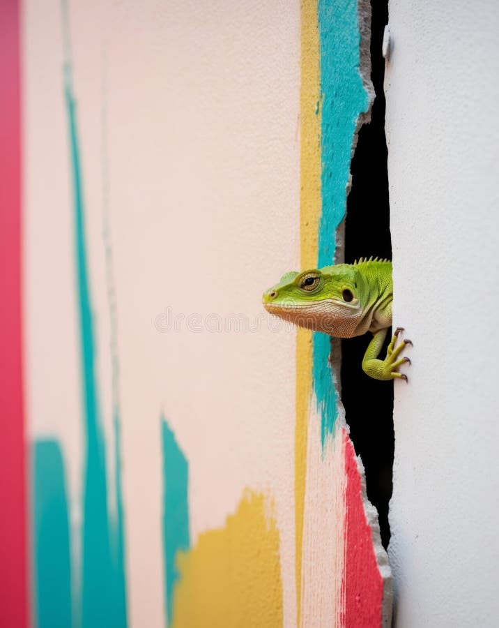 Lizard Peeking through a Colorful Artistic Wall. Stock Photo - Image of ...