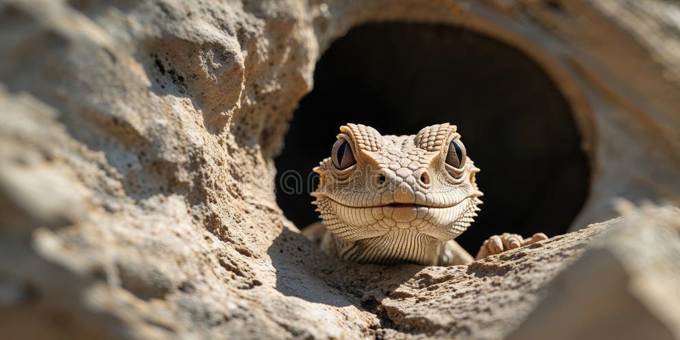 A Lizard is Peeking Out from a Hole in a Rock. Stock Image - Image of ...