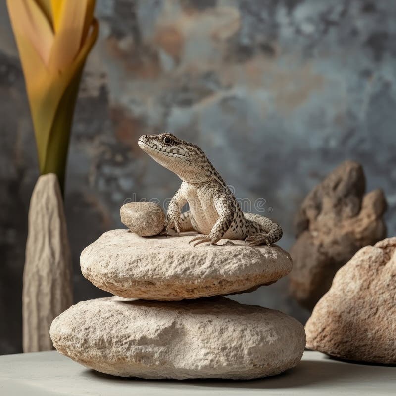 Lizard on a Pile of Stones and Tulip in the Background Stock ...
