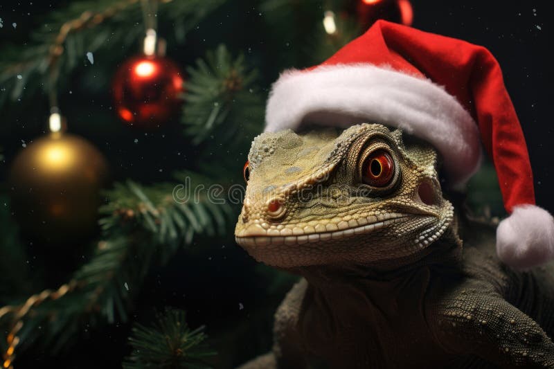 Lizard in Santa Hat and Christmas Tree with Bokeh Background Stock ...