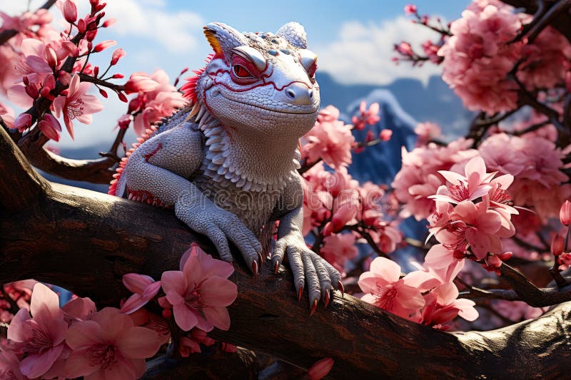 Lizard Sitting on Branch with Pink Flowers in the Background ...