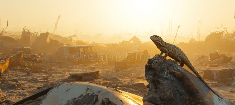 Lizard Standing on Rock Surveying Post Apocalyptic Landscape at Sunrise ...