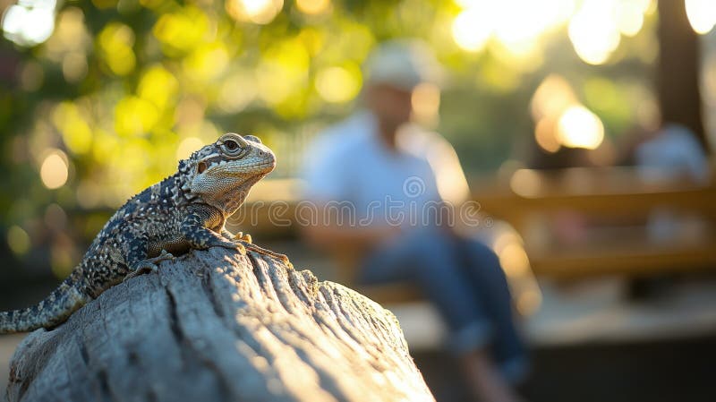 Lizard Sunbathing on Rock with Blurred Visitors in Background, Creating ...