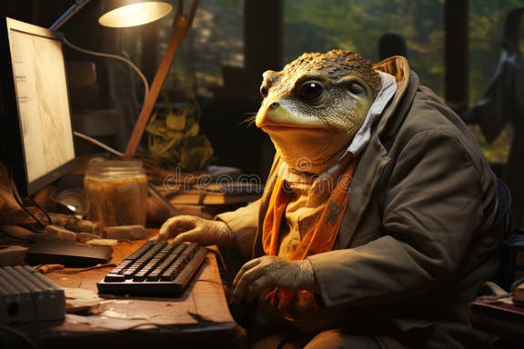 A Lizard-toad Hybrid Hacker Sitting at a Desk with a Computer, AI Stock ...